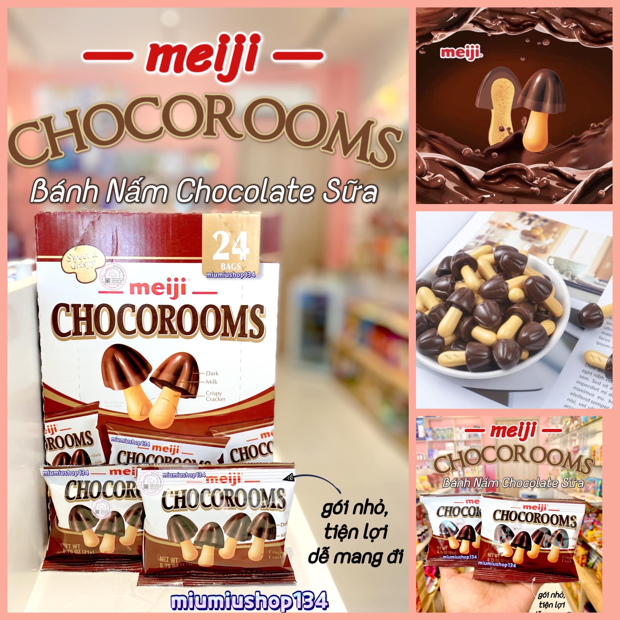 Bánh Nấm Chocolate Sữa Meiji CHOCOROOMS 24 gói/thùng 🇺🇸
