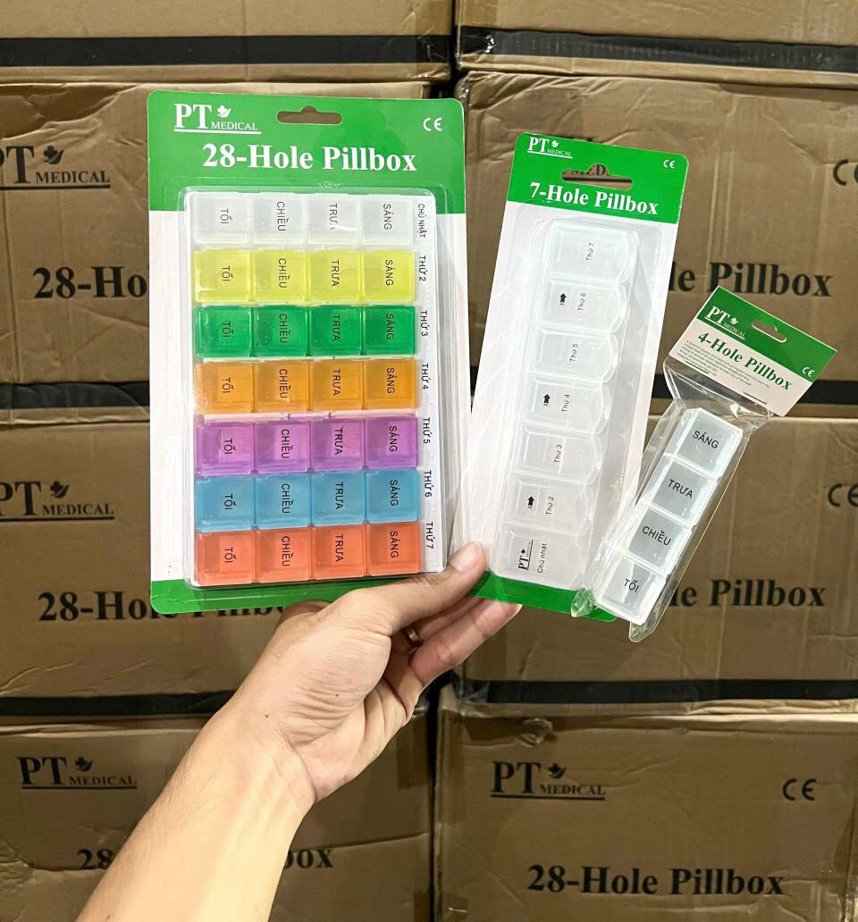Hộp chia liều thuốc ngày (4 ngăn), tuần (28 ngăn), 7 ngăn PT