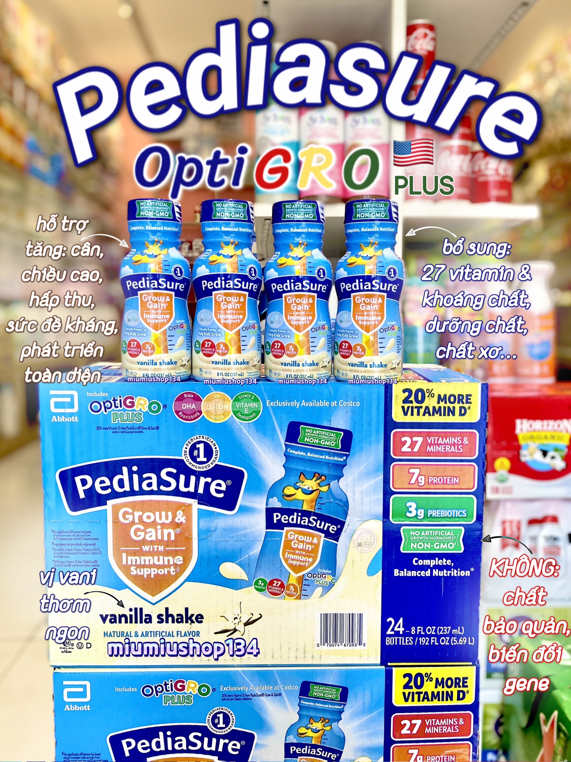 SỮA NƯỚC PEDIASURE GROW & GAIN OPTIGRO PLUS HƯƠNG VANI 🇺🇸 Thùng 24 chai
